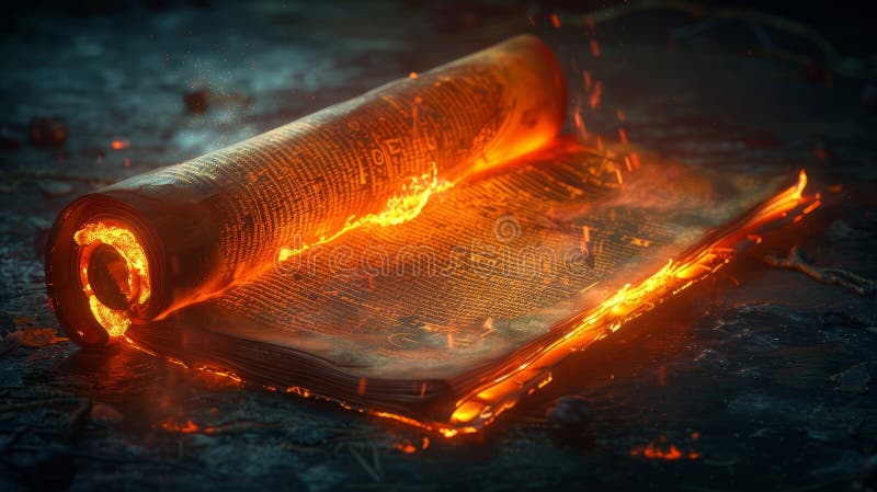 Glowing Open Scroll Parchment Revealing Ancient Text at Night in a ...