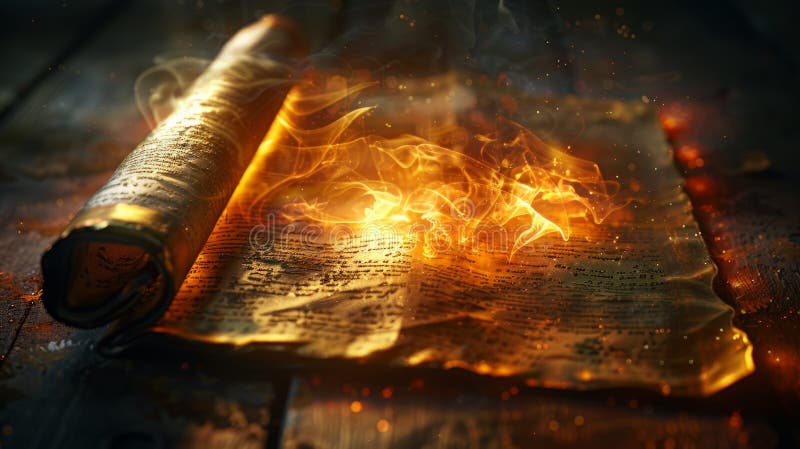 Glowing Open Scroll Parchment Revealing Ancient Text at Night Stock ...