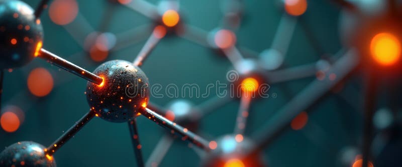 Glowing Orange Atom Network. Ball Shaped Molecule Structure. Dark Blue ...