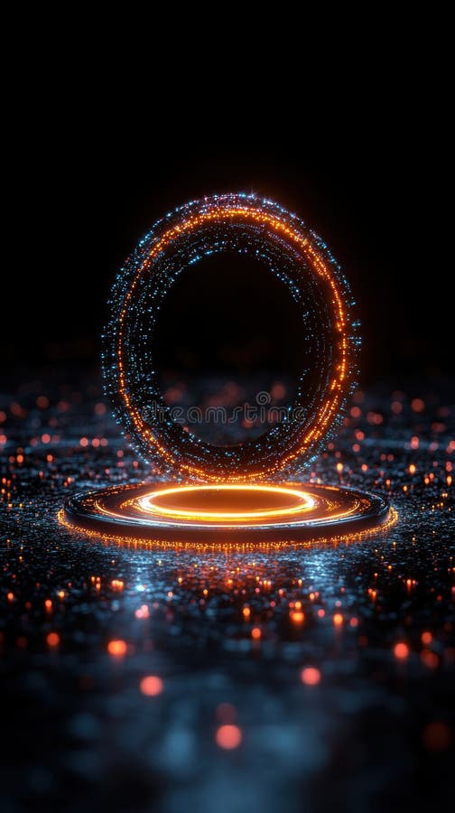 A Glowing Orange and Blue Digital Ring Hovers Over a Circular Platform ...