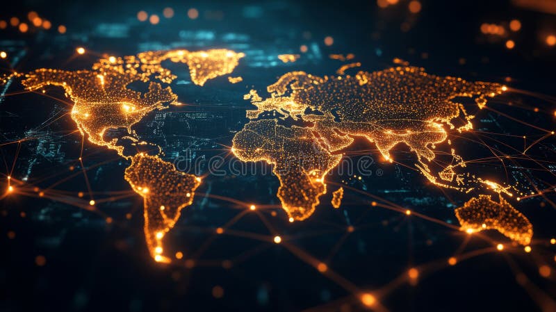Glowing Orange and Blue Digital World Map Network Stock Illustration ...