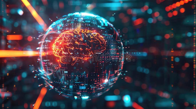 A Glowing Orange Brain Inside a Sphere of Blue and Red Circuit Board ...