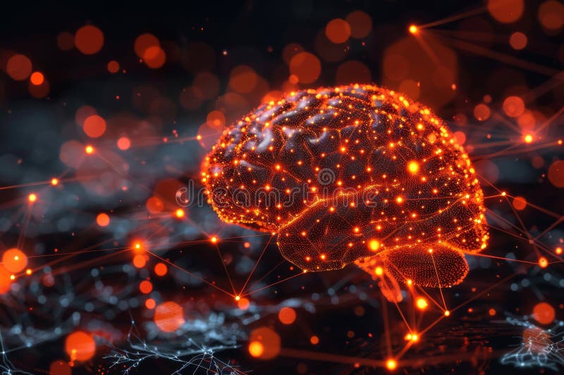Glowing Orange Brain with Neural Connections in a Dark, Networked ...