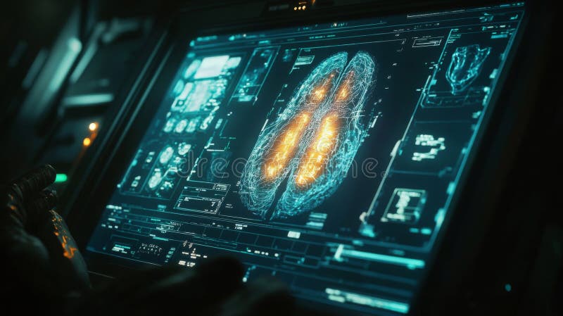 Glowing Orange Brain Scan on Futuristic Tech Screen Stock Illustration ...