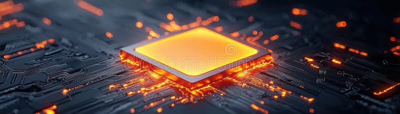 Glowing Orange Chip on Futuristic Circuit Board Cyber Security Data ...