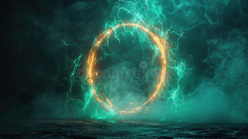 A Glowing Orange Circle Ring with Electric Blue Light Streaks on a Dark ...
