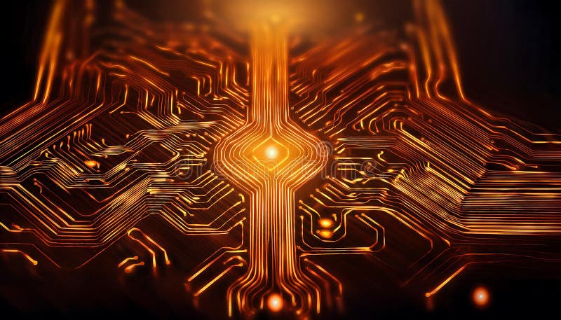 Glowing Orange Circuit Pattern Shines on Dark Background. Technology ...