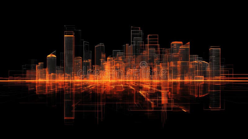 Glowing Orange City Skyline at Night Stock Illustration - Illustration ...