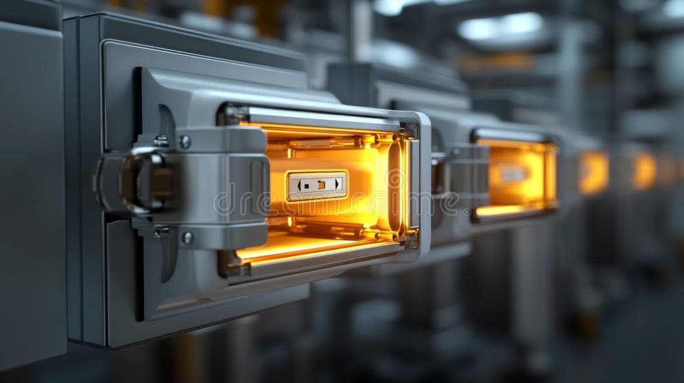 Glowing Orange Components on Automated Assembly Line Stock Illustration ...