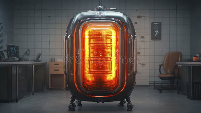 Glowing Orange Core in Dark Metallic Container within Dimly Lit Office ...