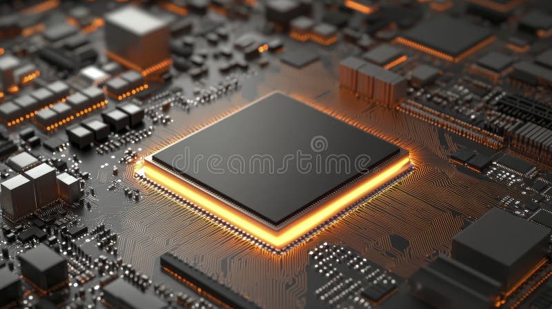 Glowing Orange CPU Chip on Dark Gray Circuit Board Stock Illustration ...