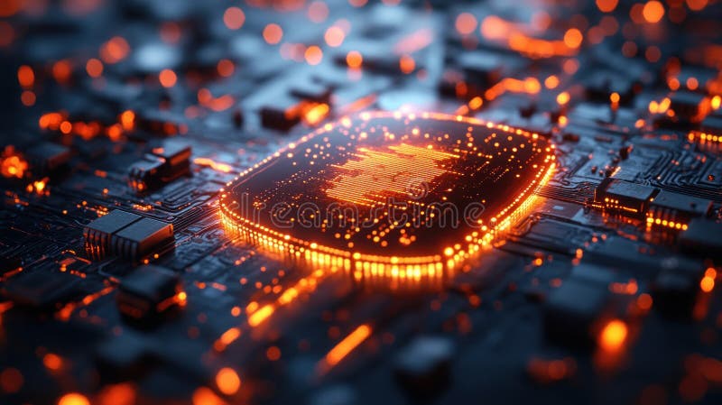 A Glowing Orange CPU Processor on a Circuit Board with a Blurry ...