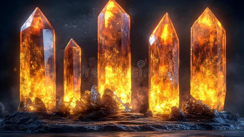 Glowing Orange Crystals on Black Background 3D Illustration Stock ...