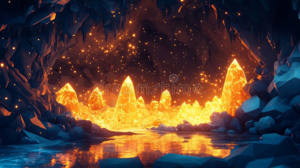 Glowing Orange Crystals in a Dark Blue Cave Stock Illustration ...