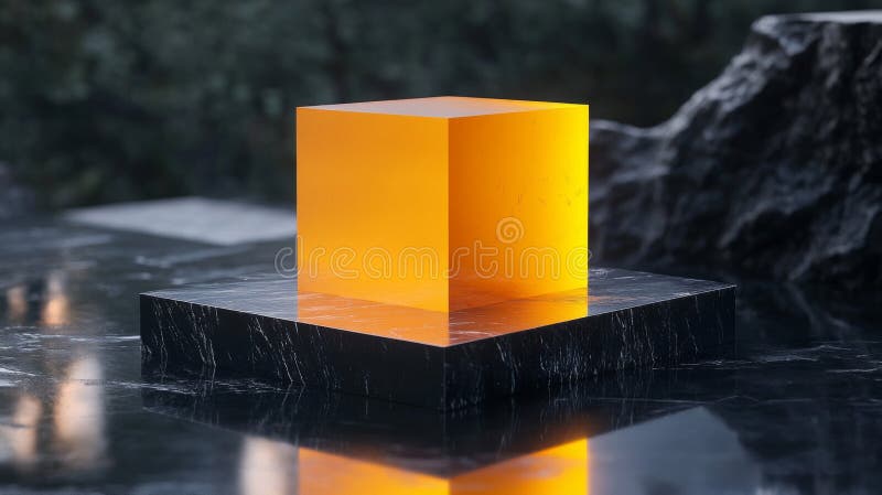Glowing Orange Cube on Black Reflective Surface Stock Illustration ...