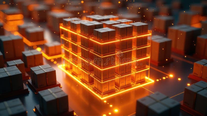 Glowing Orange Cube of Cargo Boxes - Abstract 3D Render of Logistics ...
