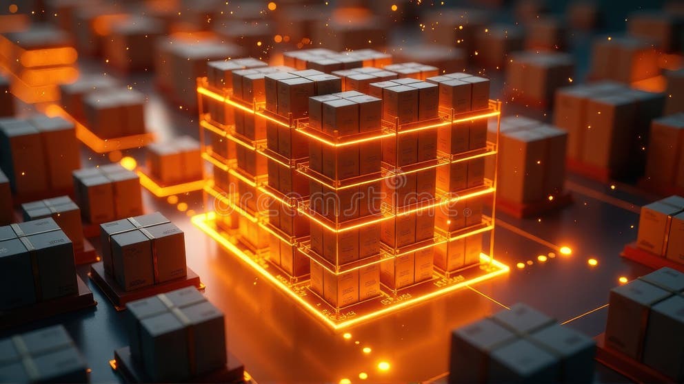 Glowing Orange Cube of Cargo Boxes - Abstract 3D Render of Logistics ...
