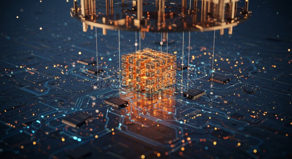 Glowing Orange Cube on Circuit Board Digital Art Stock Illustration - Illustration of machine ...