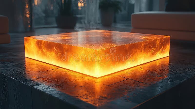 Glowing Orange Cube Tabletop with Abstract Marble Texture and Soft ...