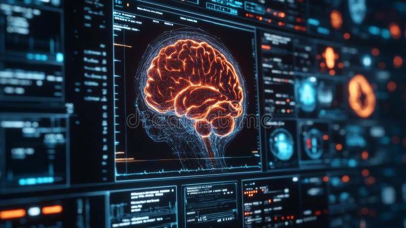Glowing Orange Digital Brain on Dark Blue Tech Interface Stock ...