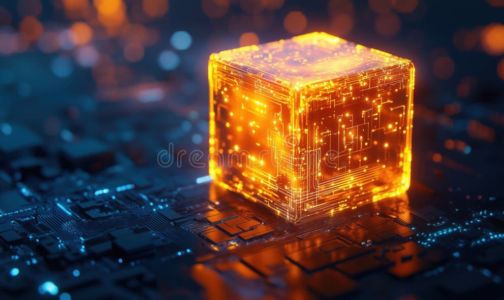 Glowing Orange Digital Cube on Circuit Board with Intricate Patterns ...