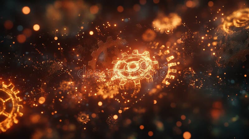 Glowing Orange Digital Gears Rotating in Technological Space Stock ...
