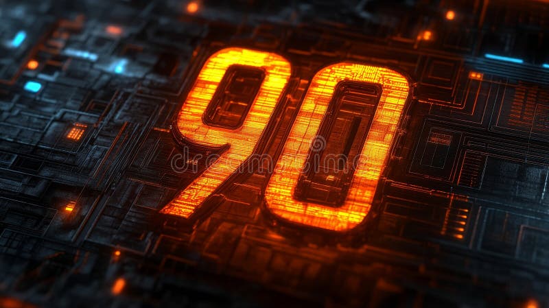 Glowing Orange Digital Number 90 on Futuristic Circuit Board Technology ...