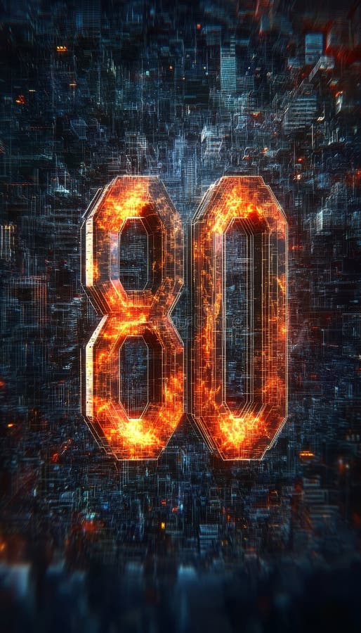Glowing Orange Digital Number 80 in a Futuristic Cityscape Setting with ...