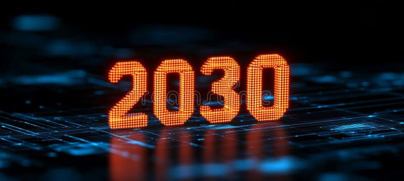 Glowing Orange Digital Year 2030 on Futuristic Circuit Board, Concept ...