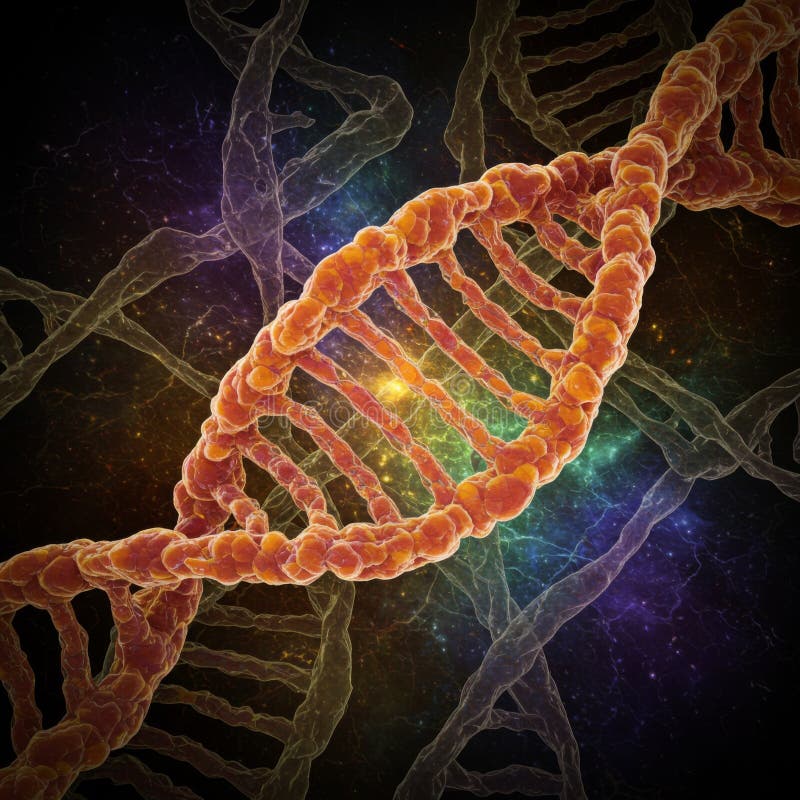 Glowing Orange DNA Helix Against Cosmic Background Stock Illustration ...