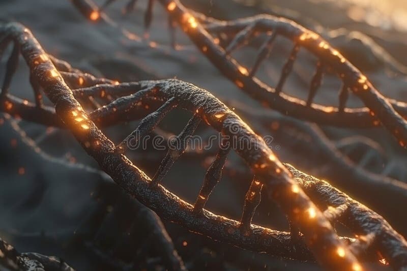 Glowing Orange DNA Strands Weave through a Digital Landscape ...