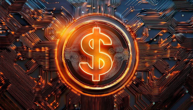 A Glowing Orange Dollar Sign is Embedded in a Circuit Board ...