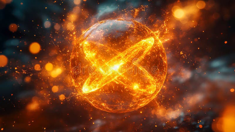 A Glowing Orange Energy Sphere with Digital Particles Orbiting in a ...