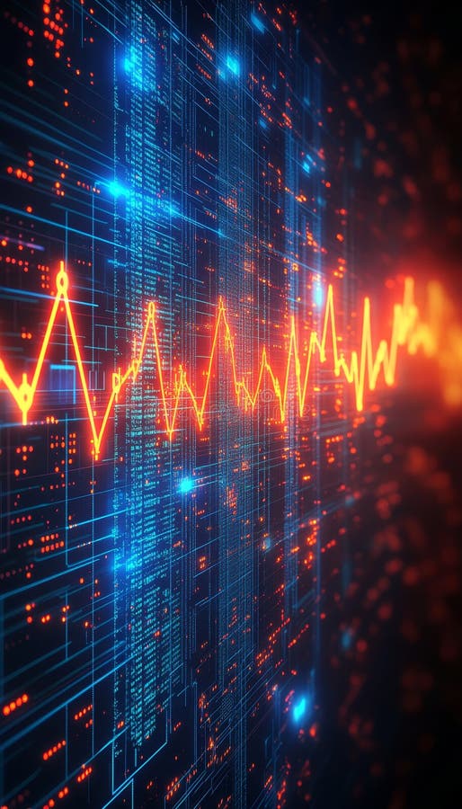 Glowing Orange. Financial Chart Data on Futuristic Circuit Board, Blue ...