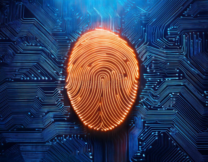 Glowing Orange Fingerprint Symbol Above Blue Digital Circuit Board ...