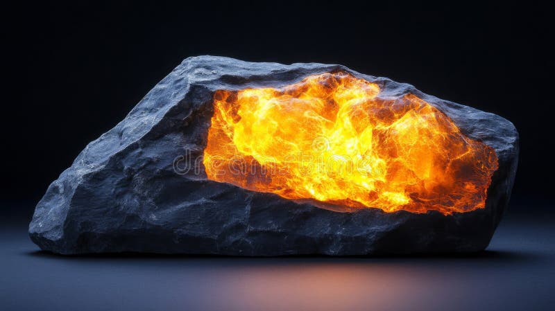 Glowing Orange Fire Inside Grey Rock on Dark Background Stock ...