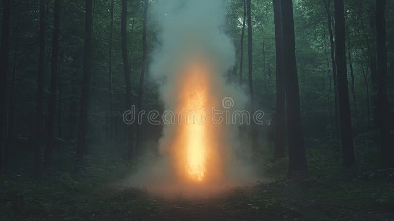 Glowing Orange Fire Pillar in a Dark Forest Stock Illustration ...