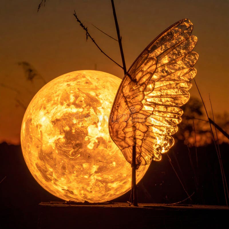 Glowing Orange Full Moon with Glass Wing Silhouette Stock Illustration - Illustration of bright ...