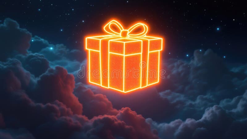 Glowing Orange Gift Box in Starry Night Sky with Clouds and Stars Stock ...