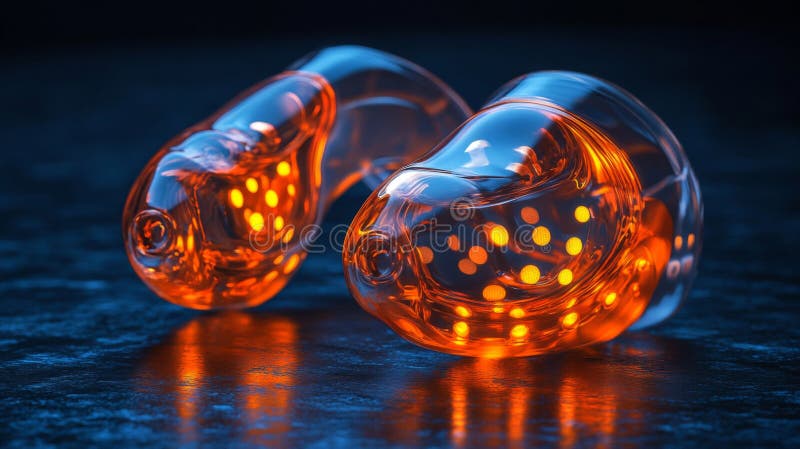 Glowing Orange Glass Earbuds on Dark Reflective Surface Stock ...
