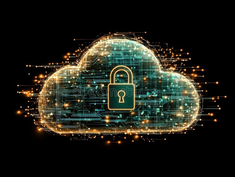 Glowing Orange and Green Cloud Icon with a Secure Padlock, Integrated ...