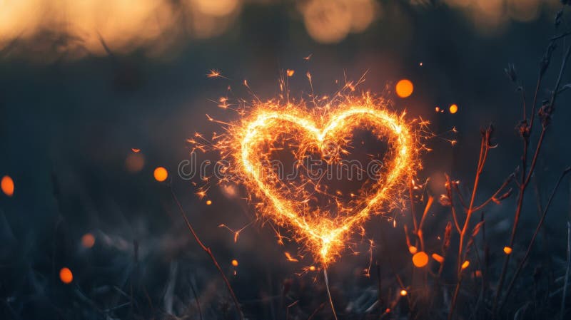 Glowing Orange Heart Shape Fire Sparks in Dark Nature Stock ...
