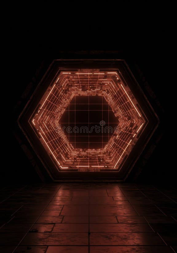 Glowing Orange Hexagonal Portal in Dark Space Stock Illustration ...