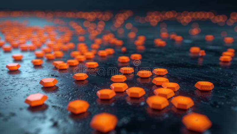 Glowing Orange Hexagons on Dark Reflective Surface Stock Photo - Image ...