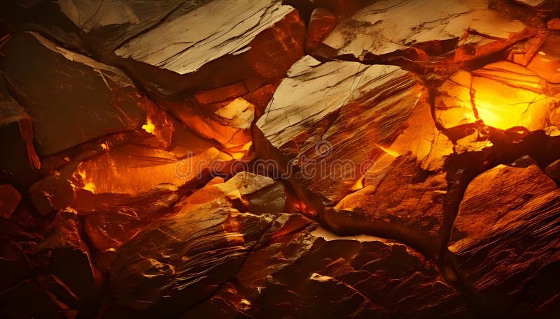 Glowing Orange Light Emanates from within Fractured, Textured Rock ...