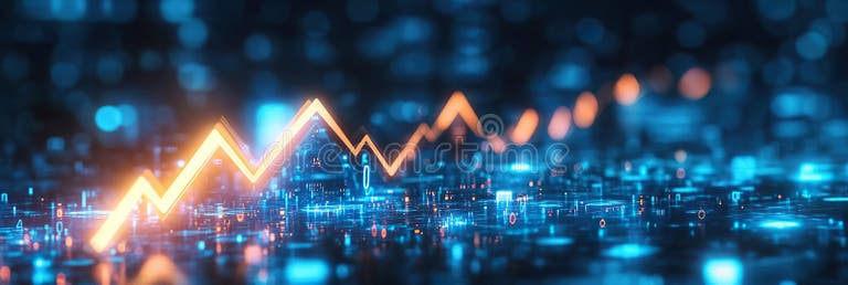 Glowing Orange Line Graph among Blue Digital Circuit Blocks Stock Photo ...
