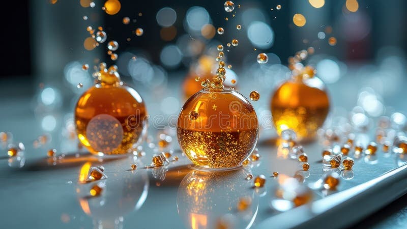 Glowing Orange Liquid Spheres with Sparkling Bubbles on Reflective ...