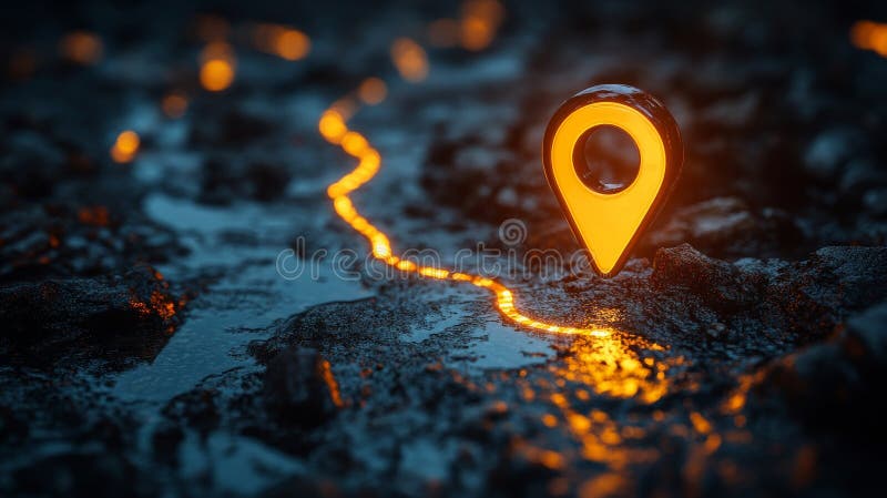 Glowing Orange Location Pin on Dark Wet Surface with Illuminated Path ...