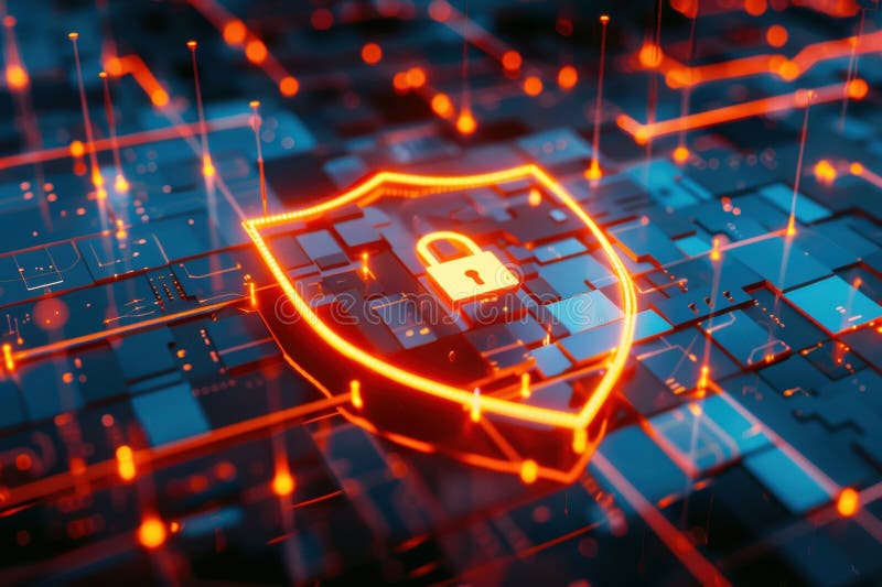 Glowing Orange Lock and Shield Over a Blue Circuit Board Stock Photo ...