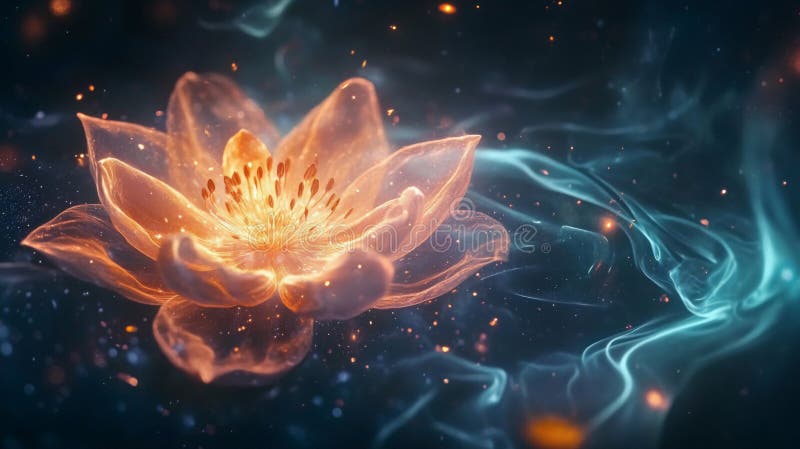 Glowing Orange Lotus Flower in Blue Smoke Stock Illustration ...